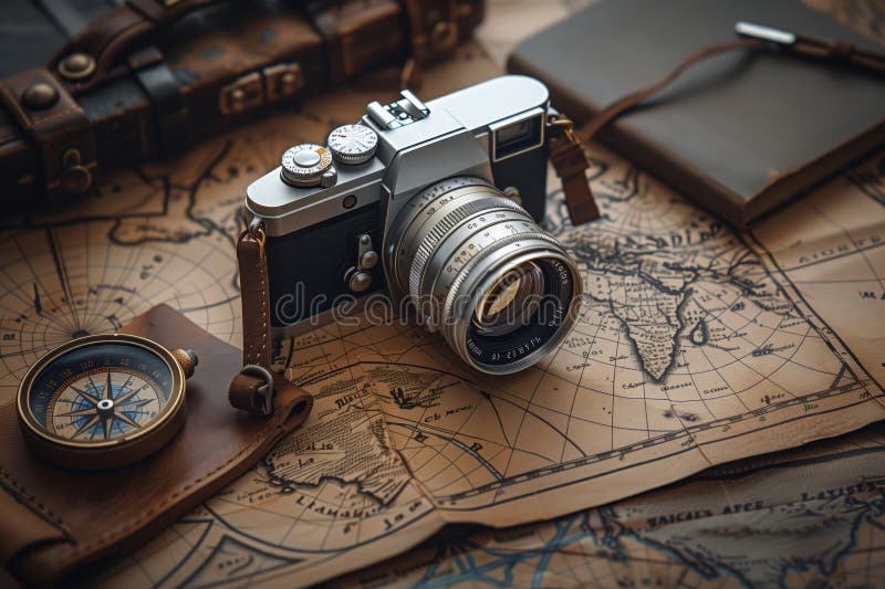 Precise Camera Gear on Leather and Map Layout Stock Photo - Image of ...