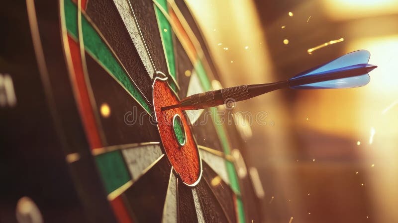 Precise Dart Hit on Bullseye of Dartboard at Sunset with Focused ...