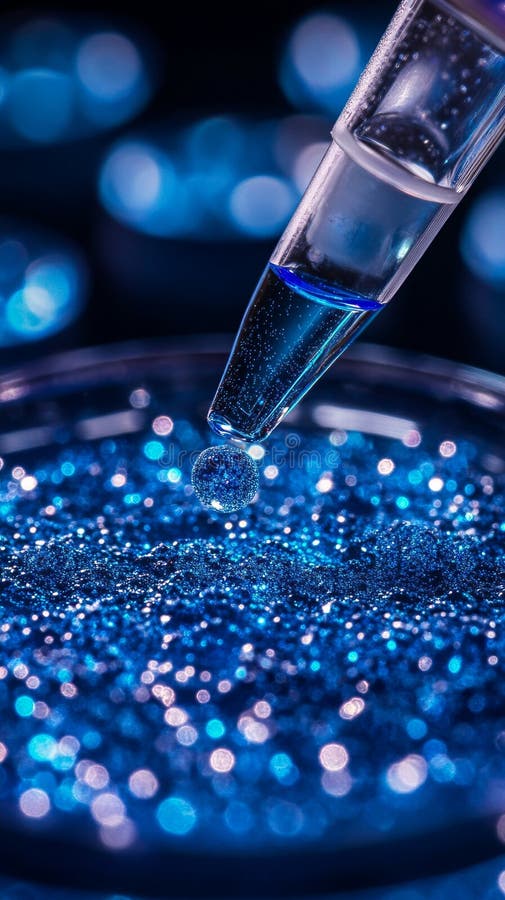 A Precise Droplet from a Pipette is Released Onto a Shimmering Blue Gel ...