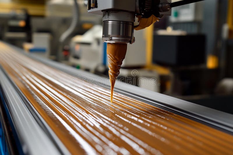 Precise Machinery Dispensing Rich Caramel in a Factory during Daylight ...