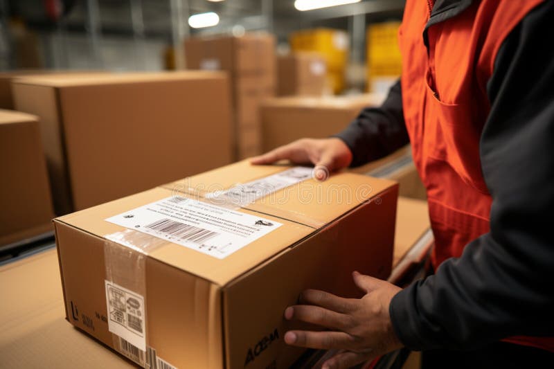 Precise Office Courier Fixing Address Label on Package in Close-up View ...