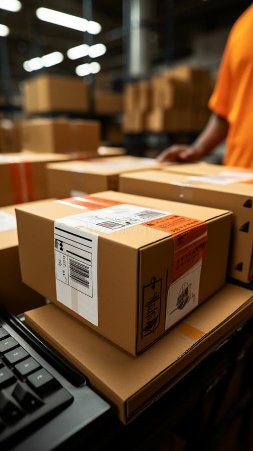 Precise Office Courier Fixing Address Label on Package in Close-up View ...