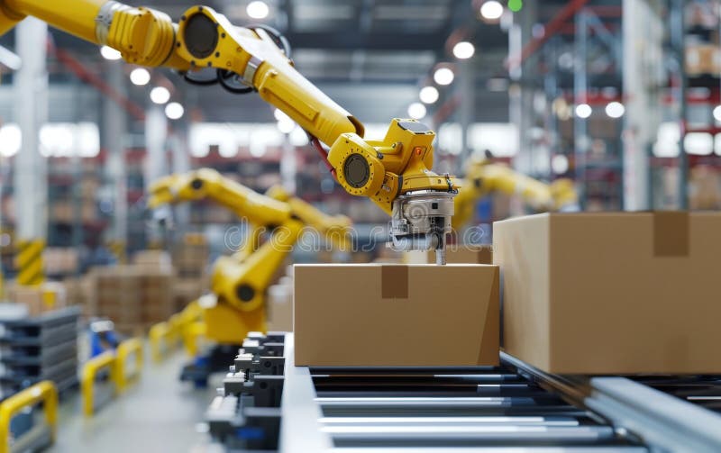 Precise Robotic Arms Packing Cardboard Boxes on a Conveyor System in a ...