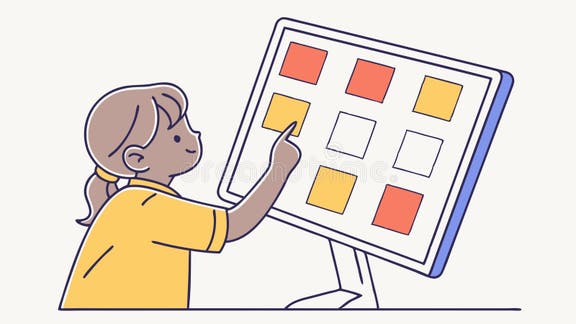 Woman Working on Computer with Grid Interface, Data Entry, Digital Work, Vector Design ...