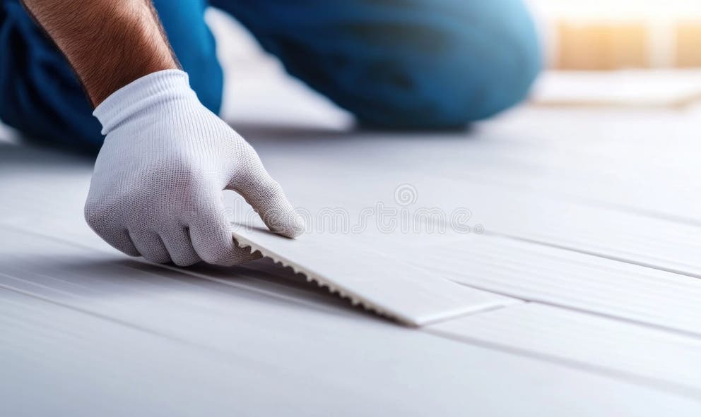 Precise White Ceramic Tile Alignment on Adhesive Under Bright Ambient ...