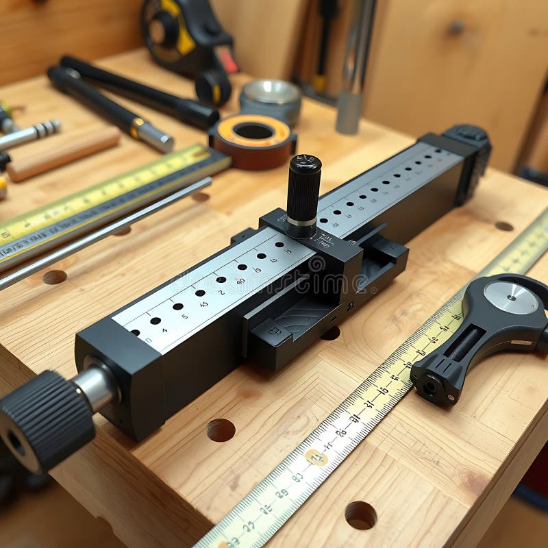 A Precision Alignment Tool Set on a Wooden Workbench Surrounded by Measuring Tapes and Other ...