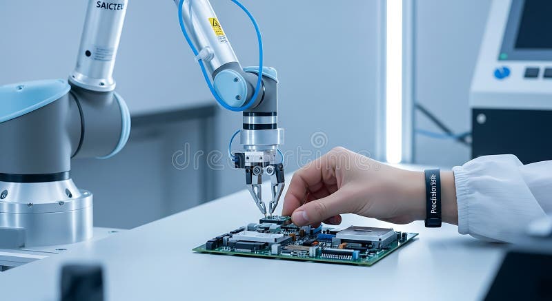 Precision Assembly: Human Hand and Robotic Arm Working on Circuit Board ...