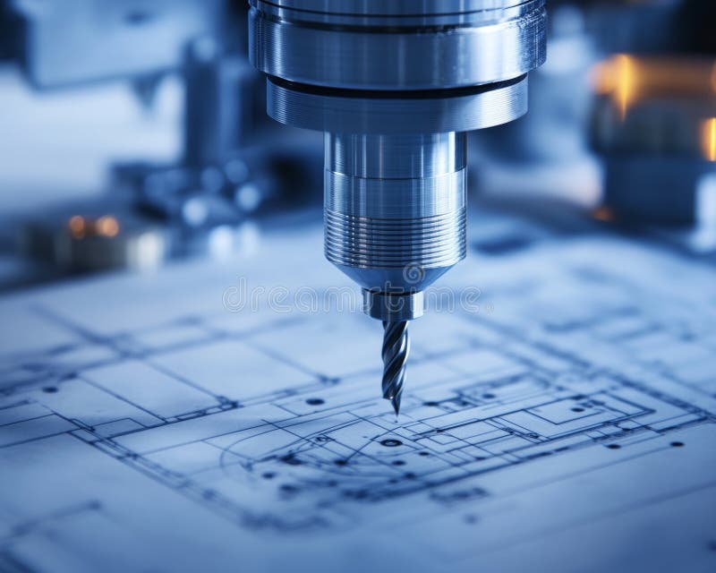 Precision CNC Milling Tool Carving Complex Design on Blueprint, Blue ...