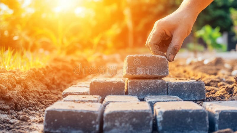 Precision Cobblestone Pathway Construction: a True Craftsmanship Stock ...