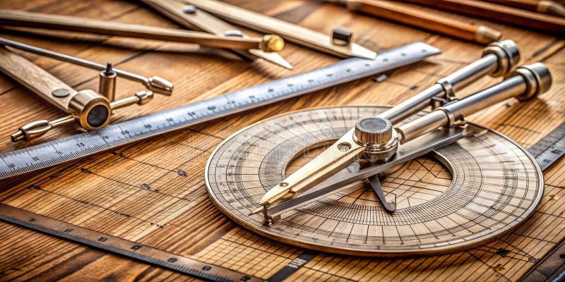 Precision Compass and Protractor on a Wooden Surface - a Close-up of a ...