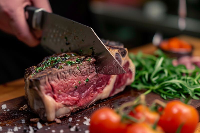Precision in Cooking Chefs Hands Cutting a Large Beef Portion Stock ...