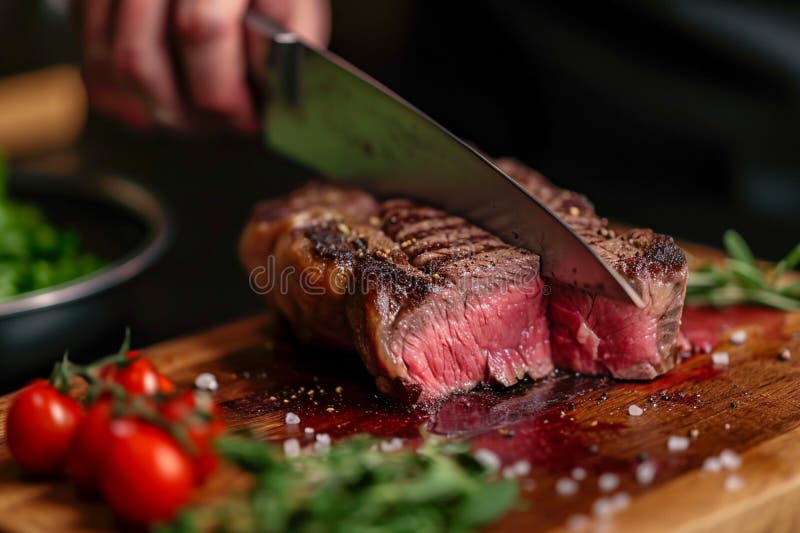 Precision in Cooking Chefs Hands Cutting a Large Beef Portion Stock ...