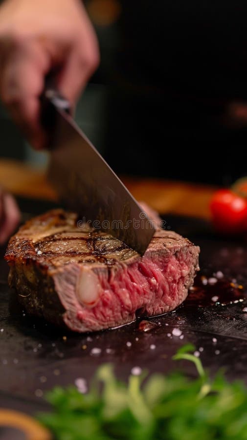 Precision in Cooking Chefs Hands Cutting a Large Beef Portion Stock ...