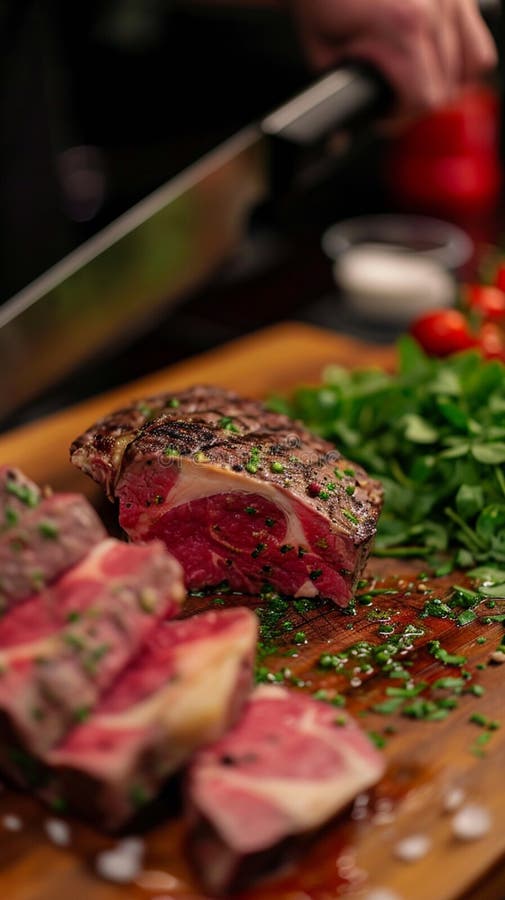 Precision in Cooking Chefs Hands Cutting a Large Beef Portion Stock ...