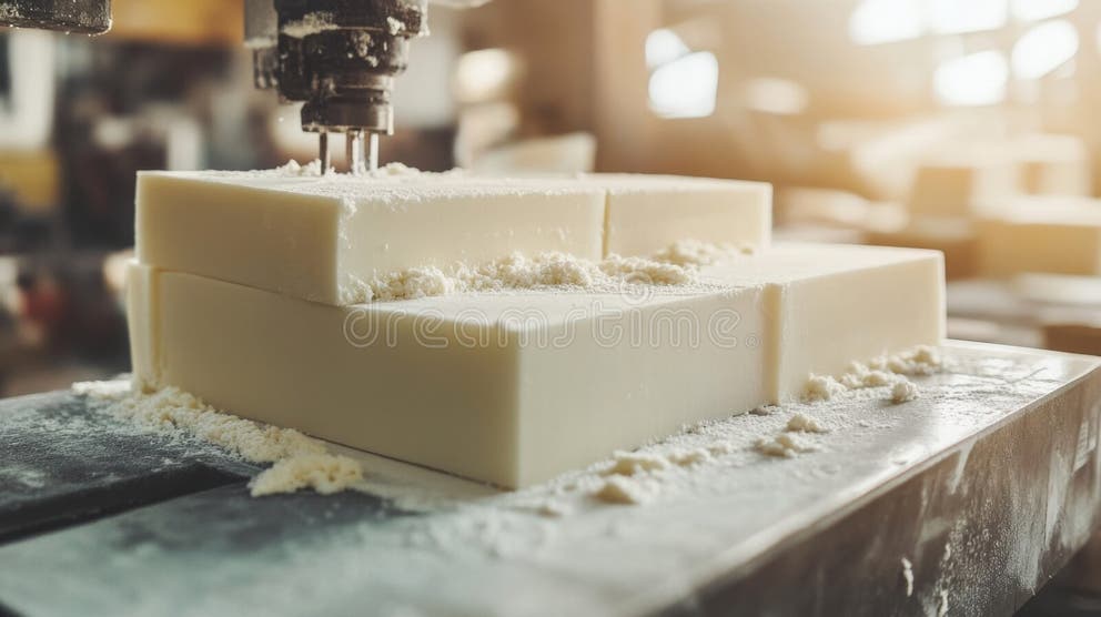 Precision Cutting of Polyurethane Foam Blocks in Workshop Setup Stock ...