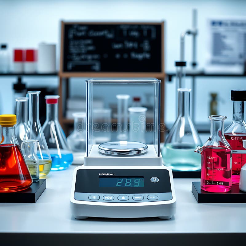 A Precision Digital Scale on a Scientific Lab Counter Surrounded by ...