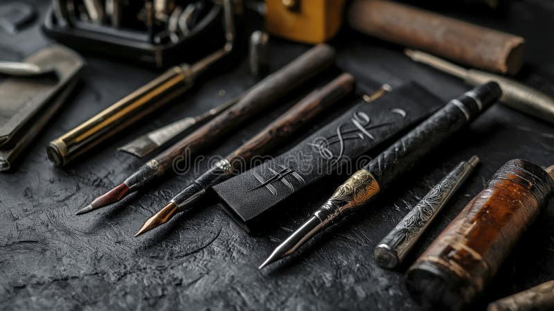Precision Display of Elegant Calligraphy Tools in an Artistic Studio ...