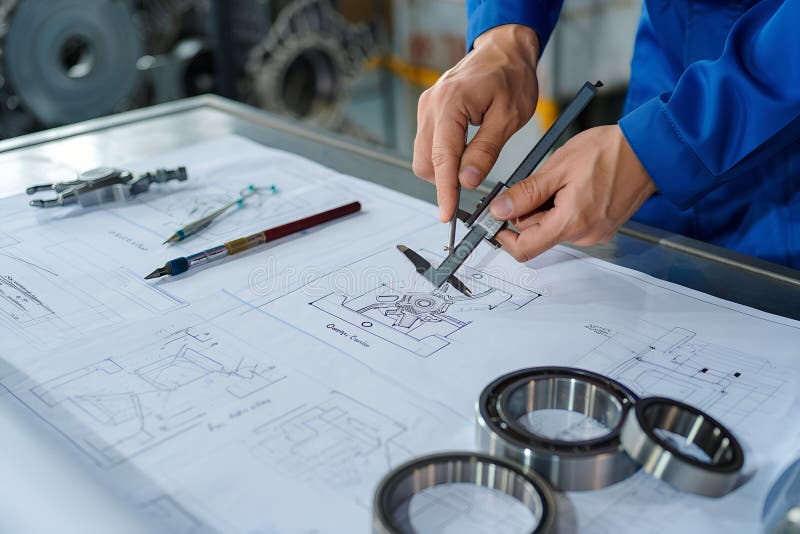 Precision Engineer Measuring Mechanical Blueprint with Calipers Stock ...