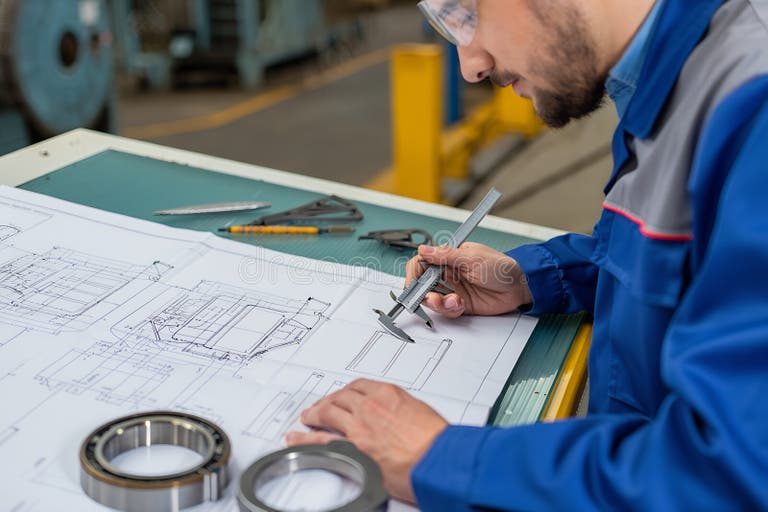 Precision Engineer Measuring Mechanical Blueprint with Calipers Stock ...