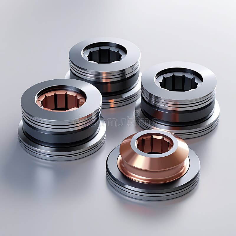 Precision Engineered Metal Components Displayed on a Gray Surface Stock ...