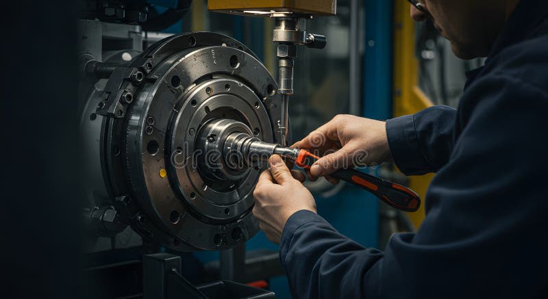Precision Machinist Working on Industrial Machine, Close-up Stock ...