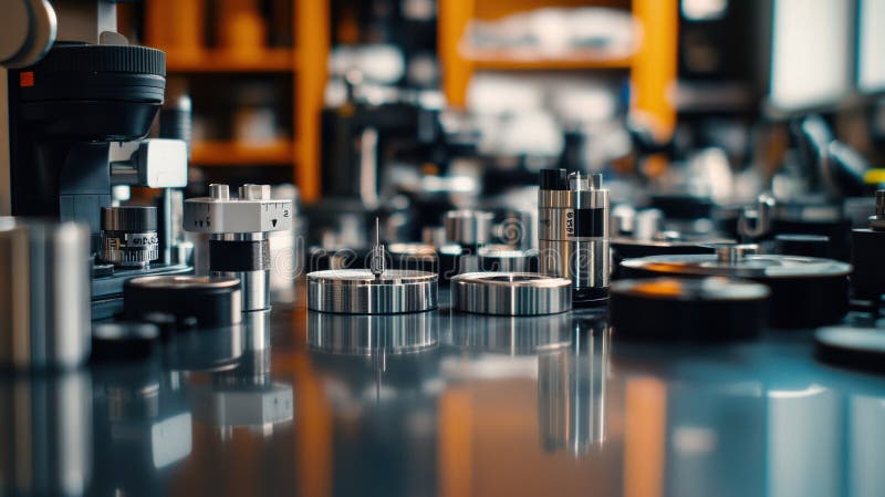 Precision Engineering Tools and Components Reflecting on a Table in a ...