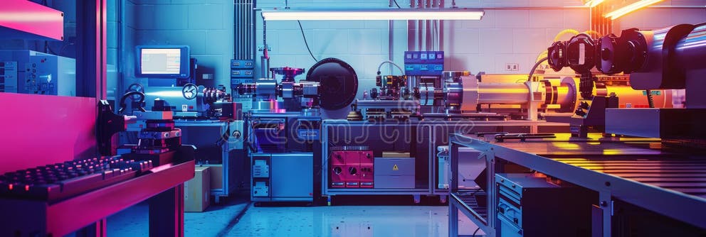 A Precision Engineering Workshop with CNC Machines and 3D Printers, Highlighting the Tools Used ...