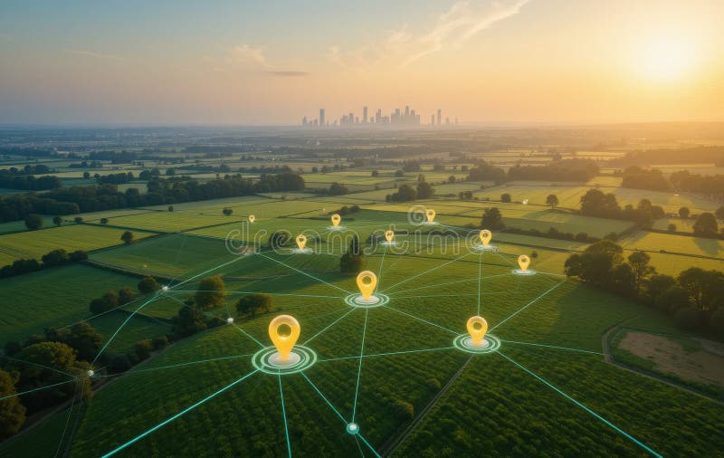 Precision Farming Technology Smart Agriculture GPS Network Aerial View ...