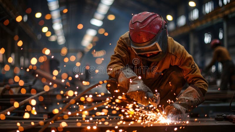 With Precision and Focus a Migrant Worker Operates a Welding Machine ...