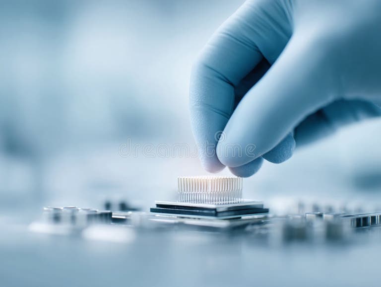 Precision and Innovation. Gloved Hand Installing Microchip. Represents ...