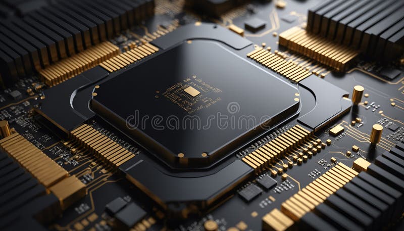 Precision in Innovation: Hyper-Realistic Gold and Black Computer Chip ...