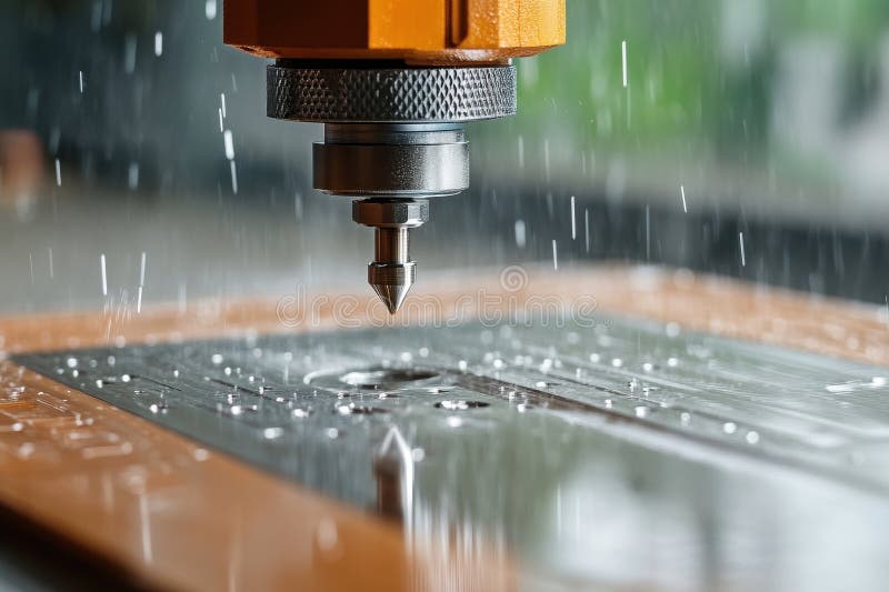 Precision is Key As a CNC Mill Works, with Coolant Spraying during the ...