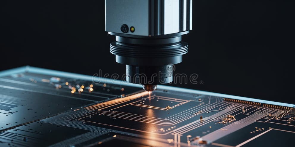 Precision Laser Cutting Process on Circuit Board Surface. Stock Photo ...