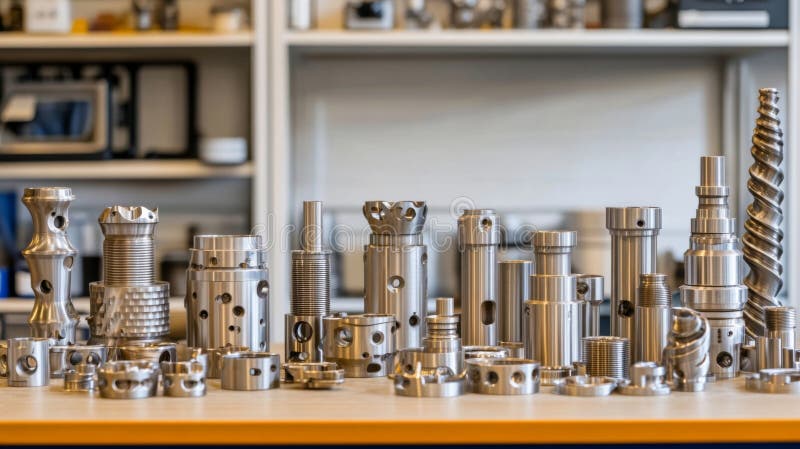 Precision Machined Metal Parts Displayed on a Table Stock Illustration ...