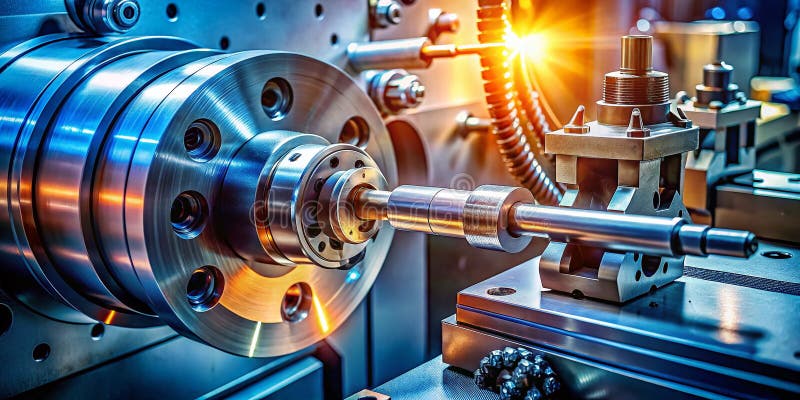 Precision Machining in Action Panoramic View of CNC Lathe Workshop Featuring a Rotating Head ...