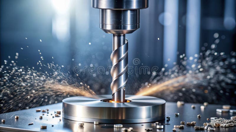 Precision Machining a Drill Bit Pierces Metal, Sparks Fly, Industrial ...