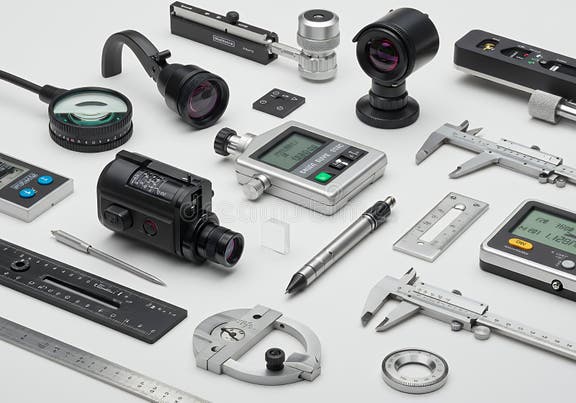 Precision Measurement Tools and Instruments Arranged on White ...