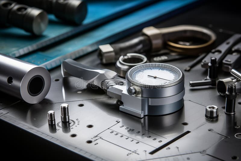 Precision Measuring Tools and Steel Supplies on Worktable. Generative ...