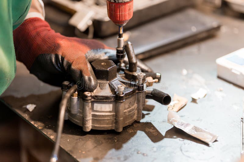 Precision Mechanic Working on Engine Component with Tools Stock Image ...