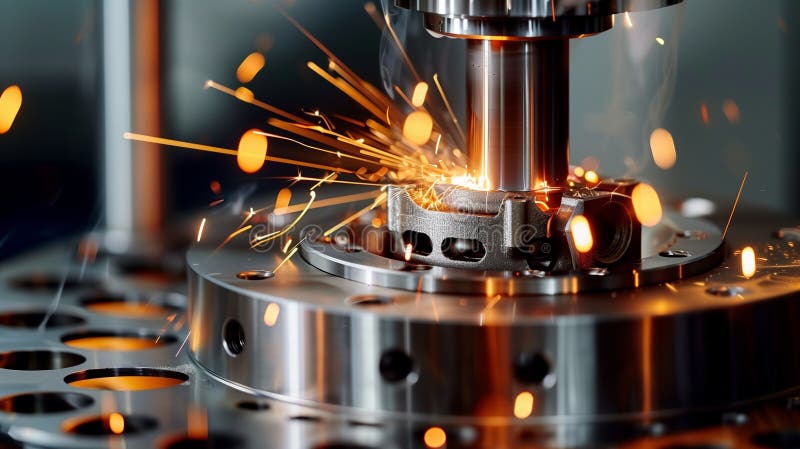 Precision Metal Component with Flying Sparks, Showcasing Industrial ...
