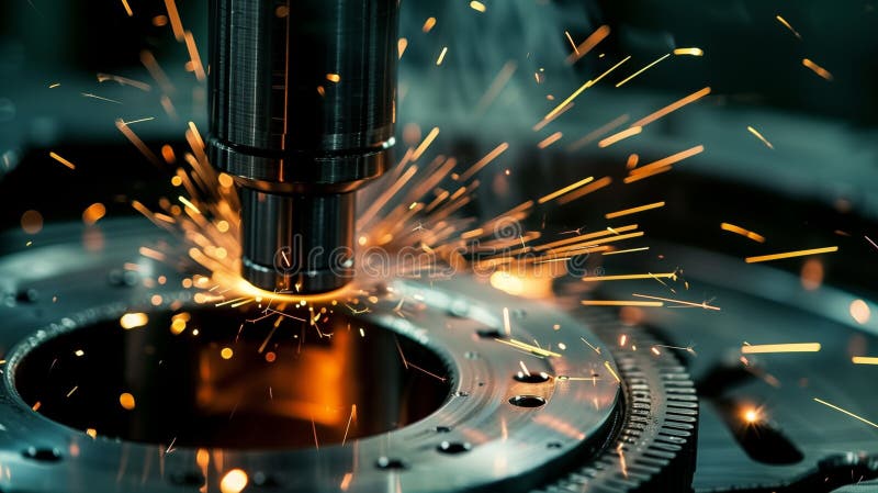 Precision Metal Component with Flying Sparks, Showcasing Industrial ...