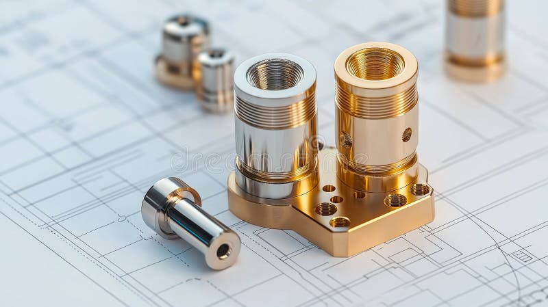 Precision Metal Components on Engineering Drawings Showcasing Intricate ...