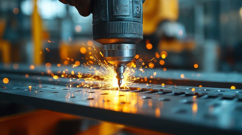 Precision Metal Cutting in a Modern Workshop with Sparks Flying during ...
