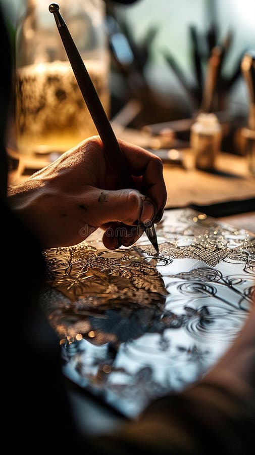 Precision Metal Engraving by a Skilled Artisan in Studio Stock Photo ...