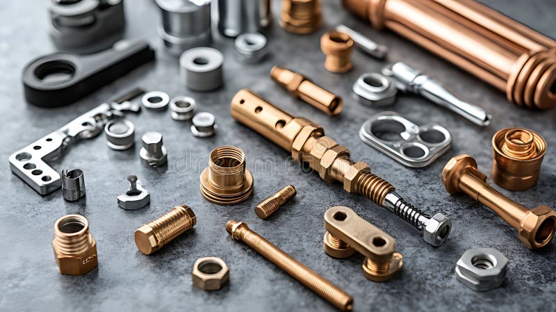 Precision Metal Parts and Components Scattered on a Grey Surface Stock ...