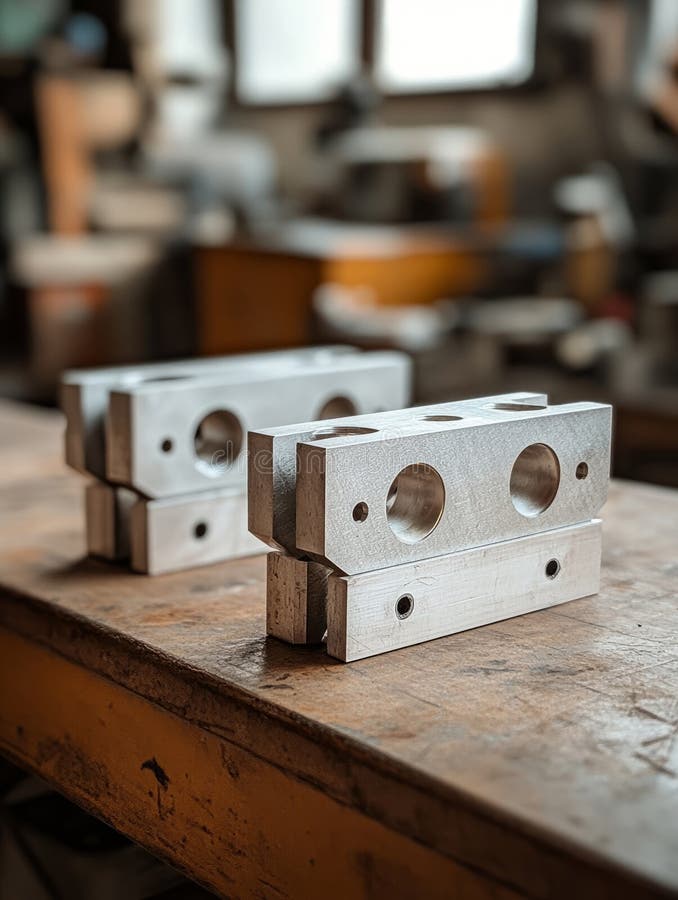 Precision Metal Parts on a Workbench in an Industrial Workshop Stock ...