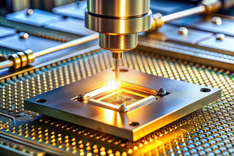 Precision Microchip Manufacturing Advanced Automated Process in High-tech Factory. Generative AI ...