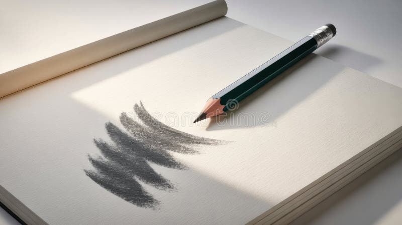 Precision Pencil Drawing Casting Bold Shadows on White Sketchpad Stock ...
