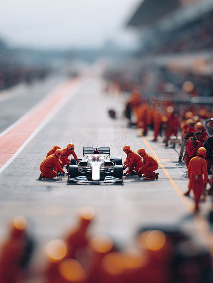 Precision Pit Stop. Formula Race Car Surrounded by Crew, Teamwork in ...