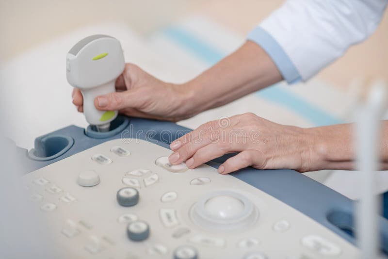 Hands of Doctor Near Control Panel and Ultrasound Sensor Stock Image ...